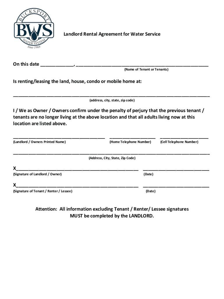Fillable Online Landlord Rental Agreement for Water Service On this ...