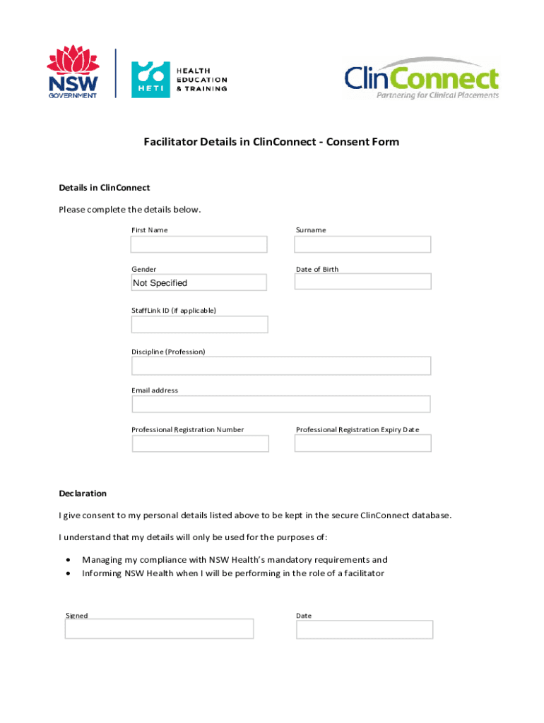Fillable Online Facilitator Information in ClinConnect Consent Form - August 2022 Fax Email ...
