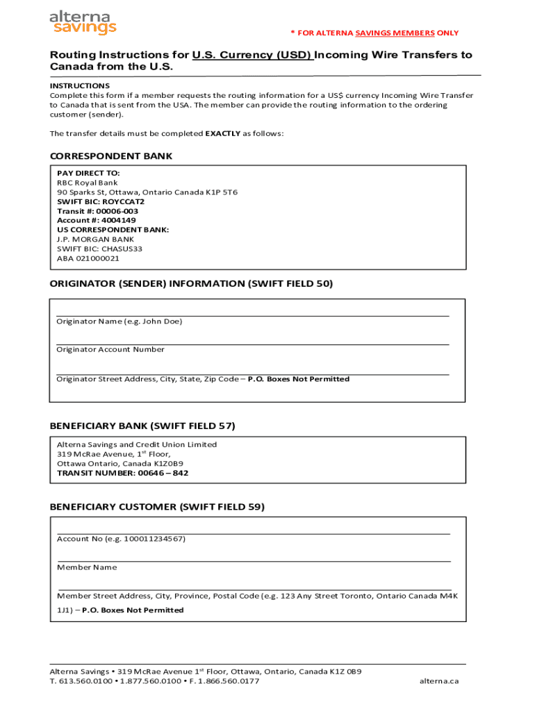 Fillable Online Routing Instructions for US Currency (USD) Incoming ...