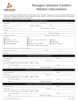 Fillable Online Paragon Infusion Centers Patient Information Fax Email ...