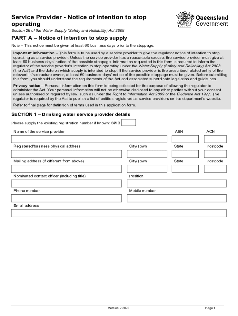 Fillable Online Service Provider - Notice of intention to stop ...