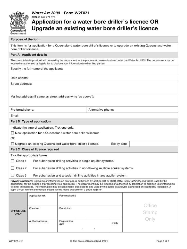 Fillable Online Form W2F021 - Application for a water bore driller's ...