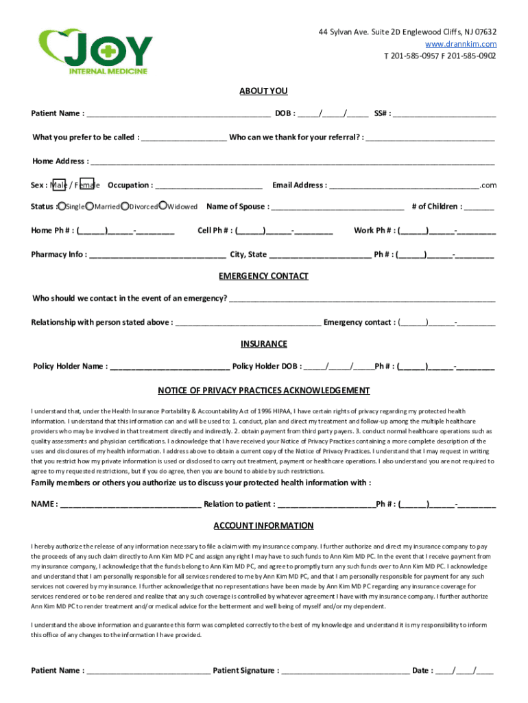 Fillable Online Dr. Ann D. Kim, MD - Englewood Cliffs, NJ - Internal Medicine Fax Email Print ...