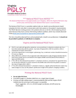 Fillable Online *** National POLST Form NOTICE *** Virginia and the ...