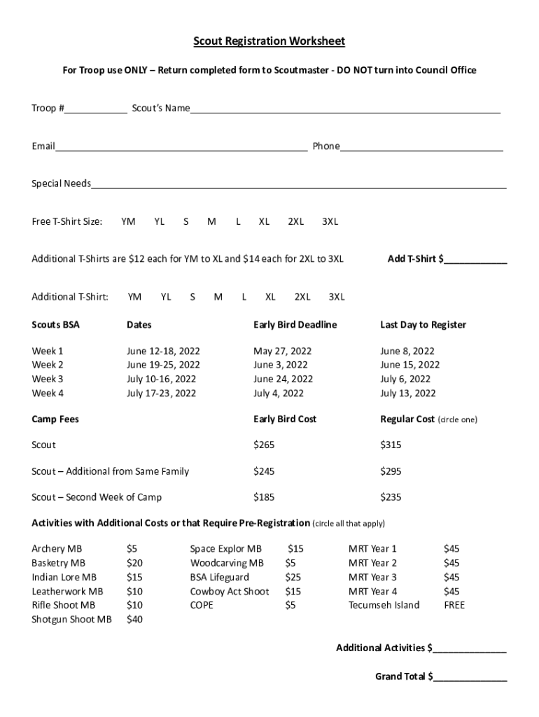 Fillable Online Scout Registration Worksheet Fax Email Print - pdfFiller