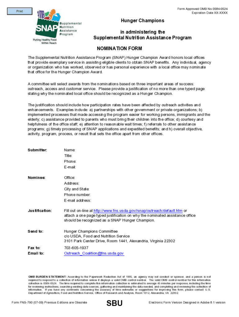 Fillable Online Form FNS 790 FNS 790 Hunger Champions in Administering ...
