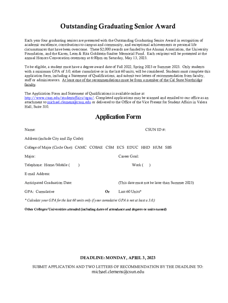 Fillable Online Class of 2023 - Outstanding Graduating Senior Award Application Form Fax Email ...
