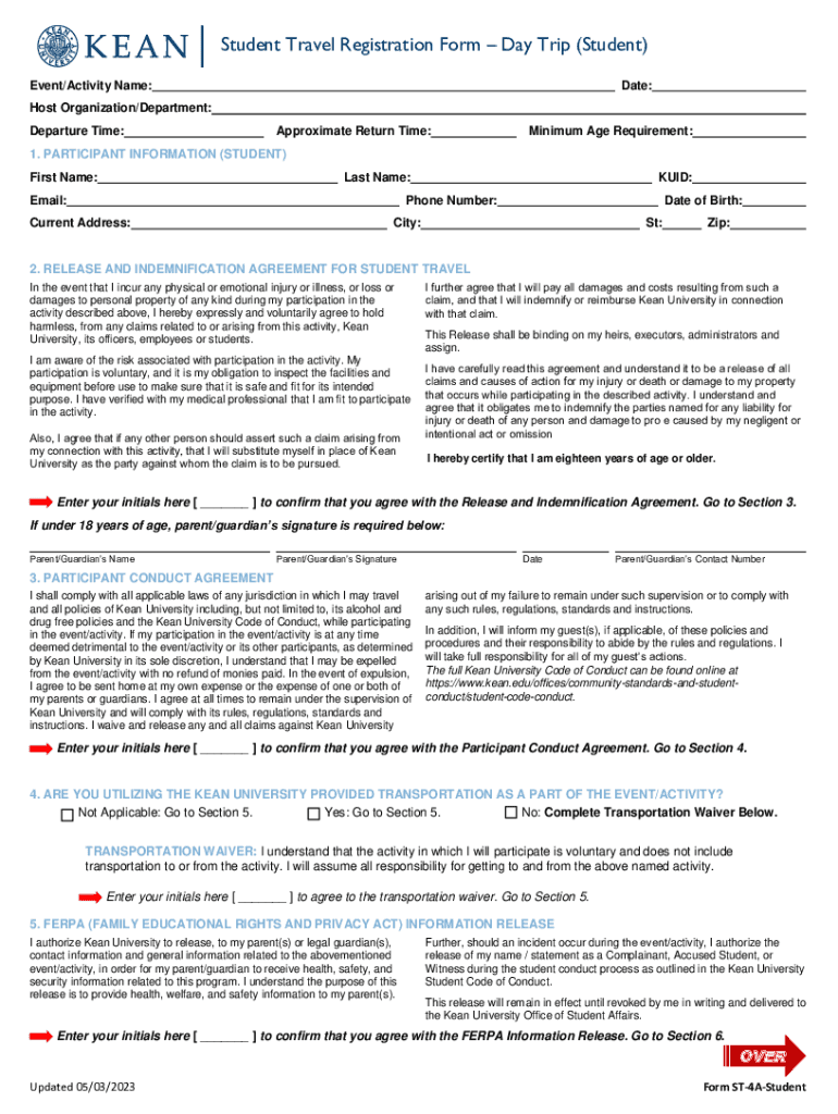 Fillable Online Student Travel Registration Form Day Trip (Student ...