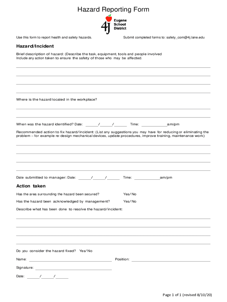 Fillable Online Hazard Reporting Form 4J School District Fax Email ...