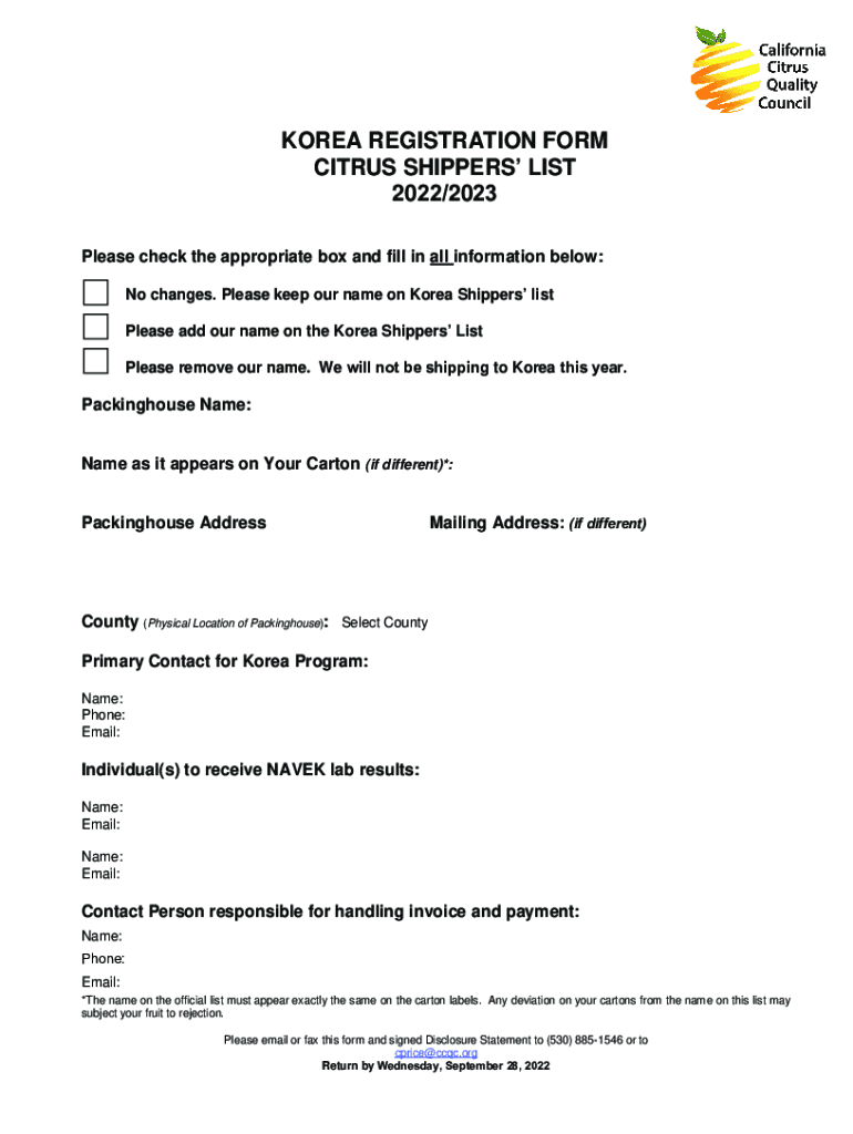 Fillable Online KOREA REGISTRATION FORM CITRUS SHIPPERS' LIST ... Fax ...