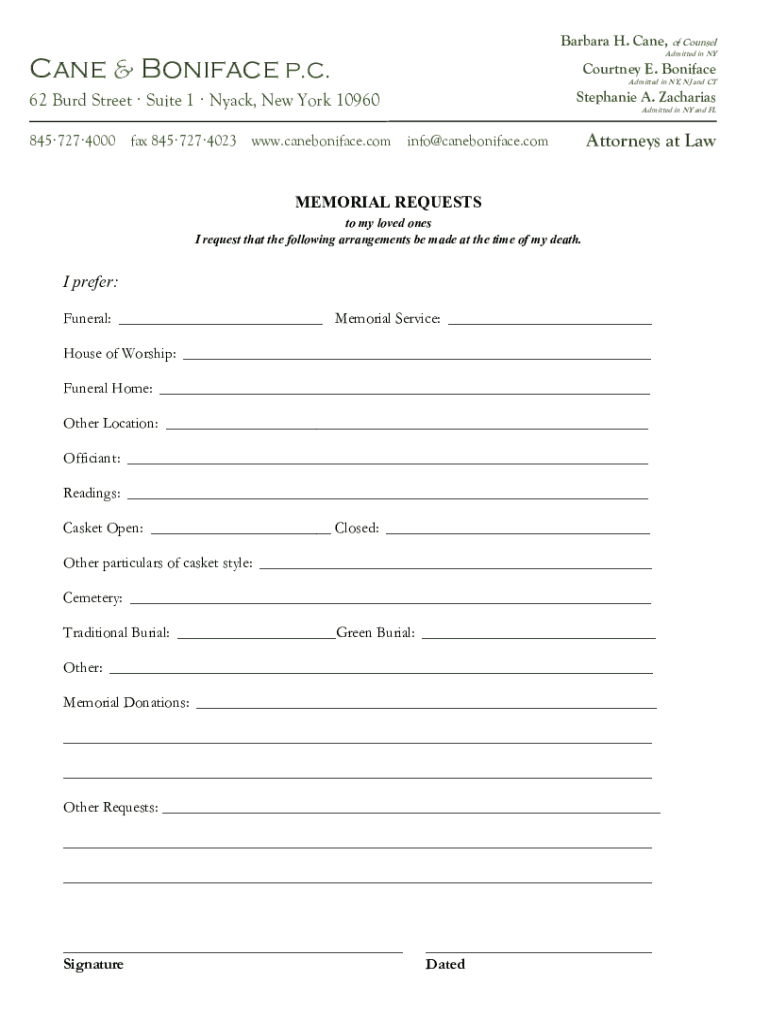 Fillable Online Memorial Requests. Memorial Request FormFuneral ...