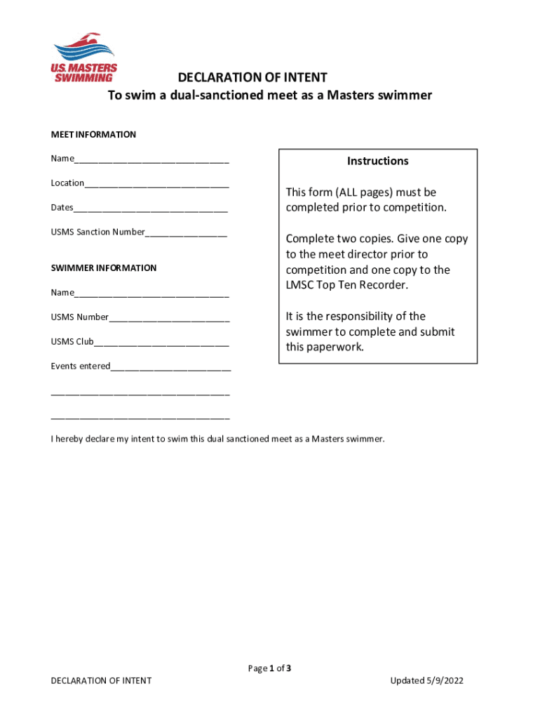 Fillable Online DECLARATION OF INTENT To swim a dual-sanctioned ... Fax ...