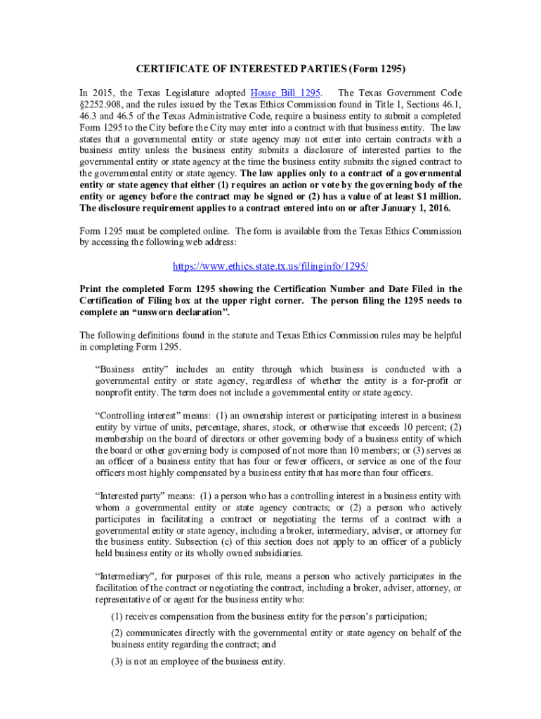 Fillable Online CERTIFICATE OF INTERESTED PARTIES (Form 1295) Fax Email ... Fillable Online CERTIFICATE OF INTERESTED PARTIES (Form 1295) Fax Email ...
