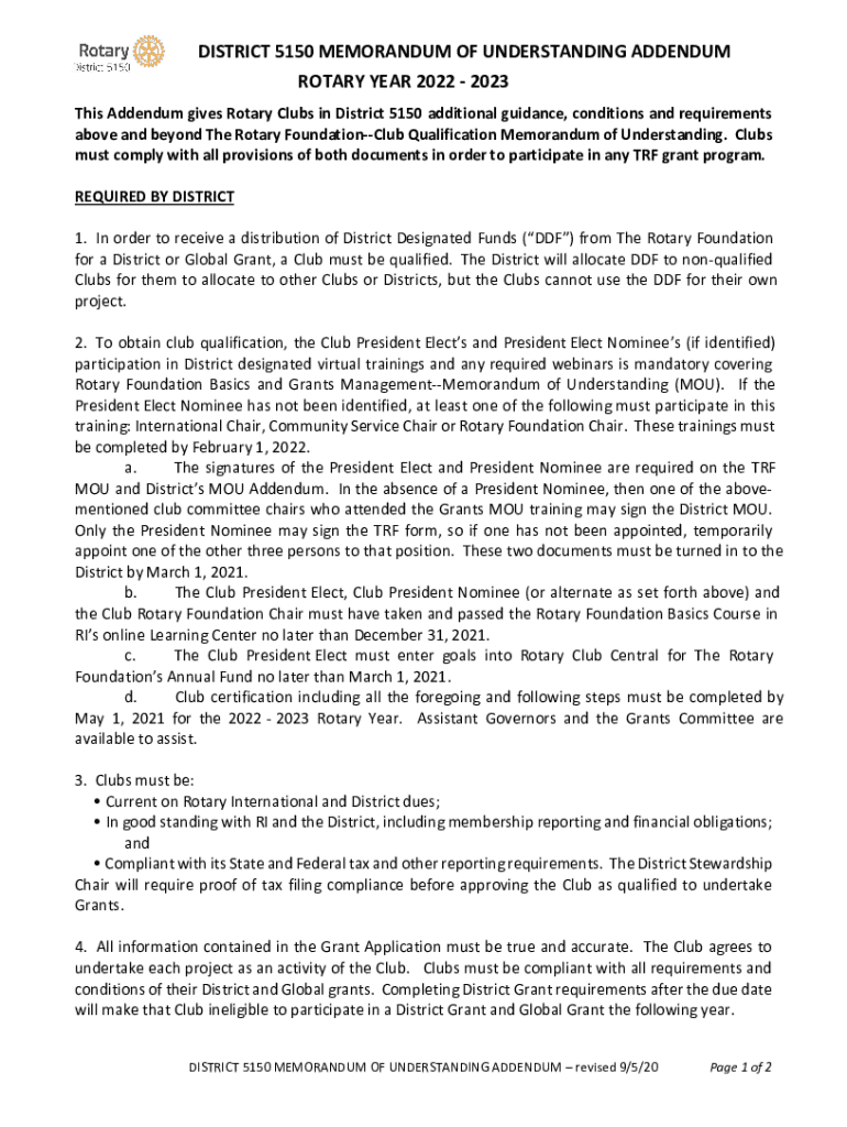 Fillable Online district 5150 memorandum of understanding addendum ...