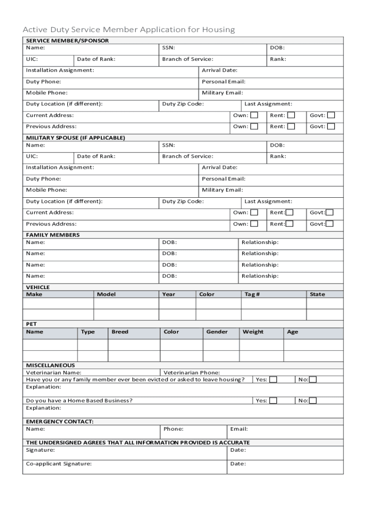 Fillable Online Active Duty Service Member Application for Housing Fax ...