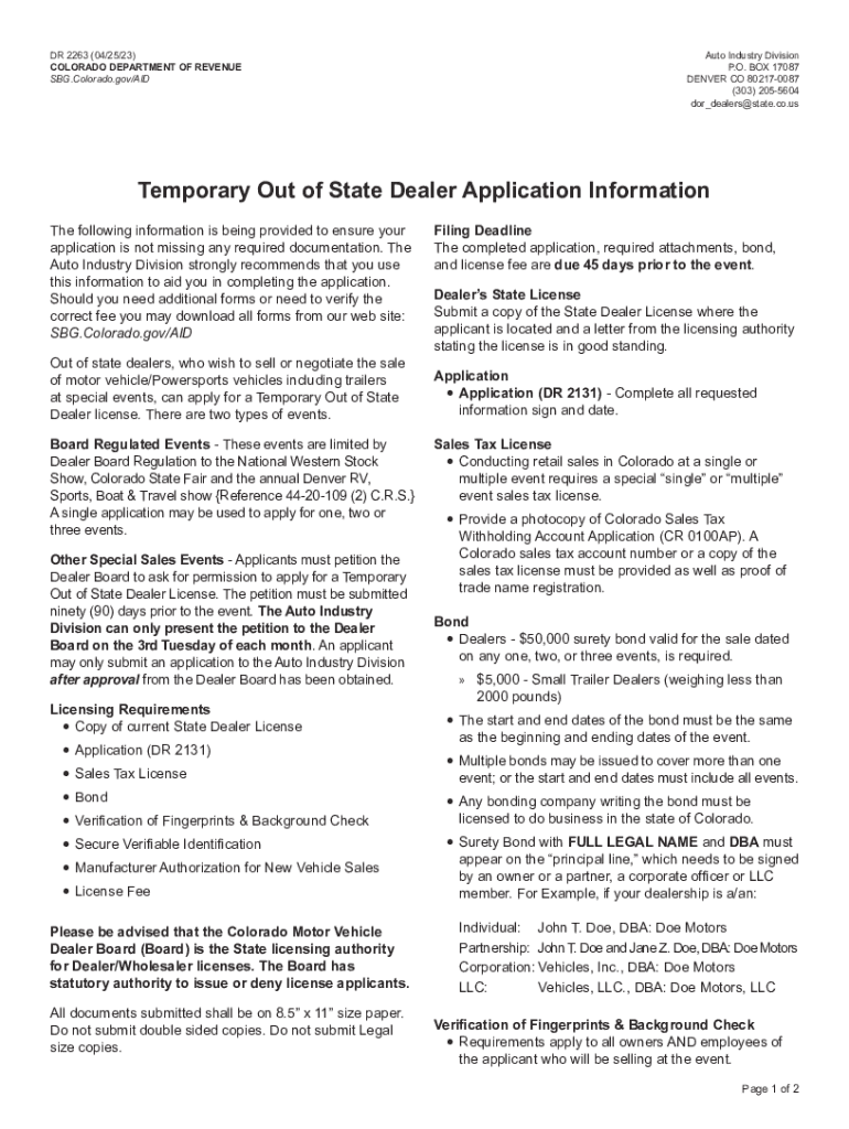 Fillable Online DR 2263 Temporary Out of State Dealer Application ...