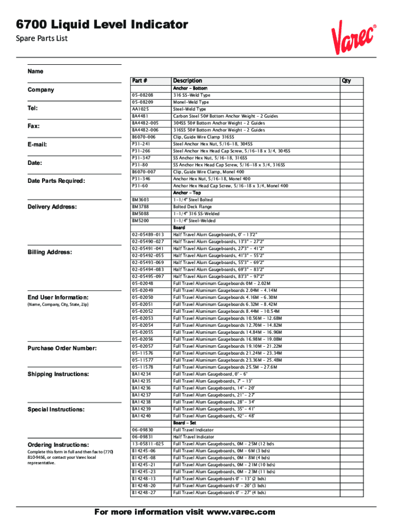 Fillable Online 6700 Liquid Level Indicator: Spare Parts ListPDFScrew ...