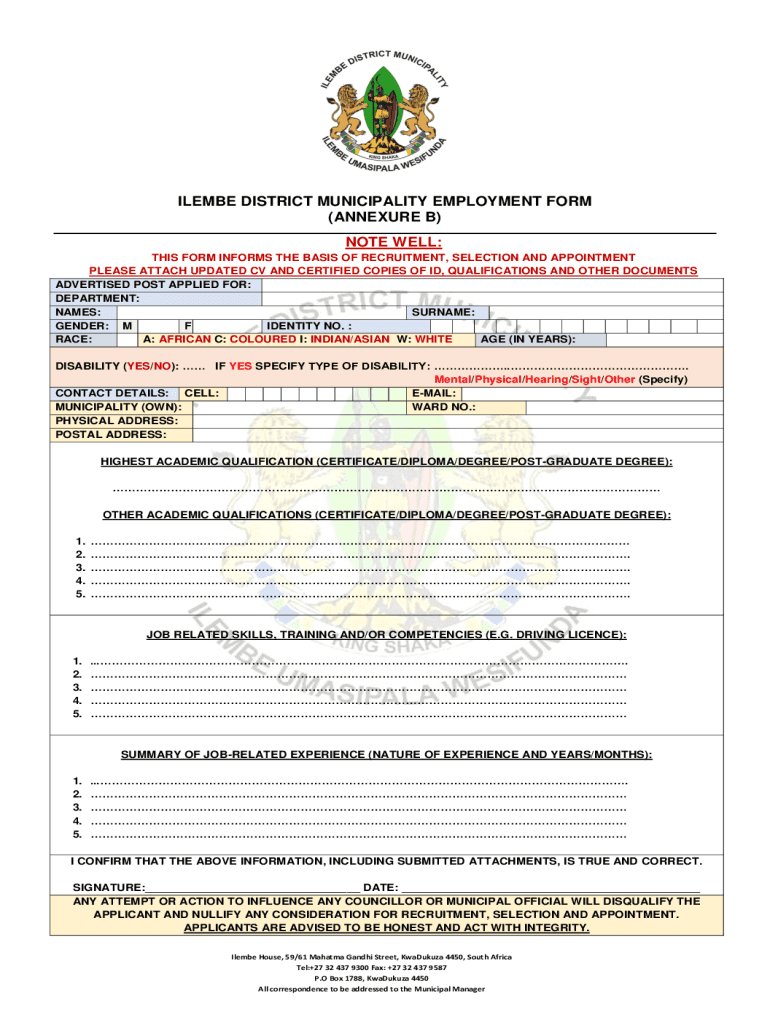 Fillable Online ilembe gov ilembe district municipality employment form ...