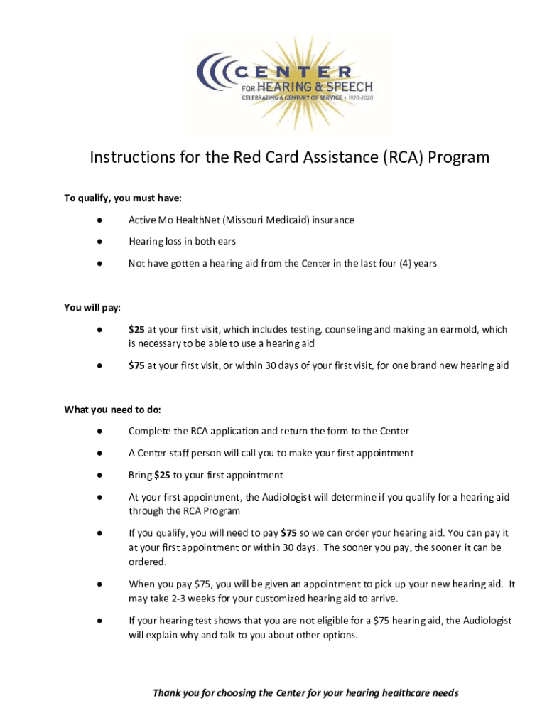 Fillable Online Instructions for the Red Card Assistance (RCA) Program ...