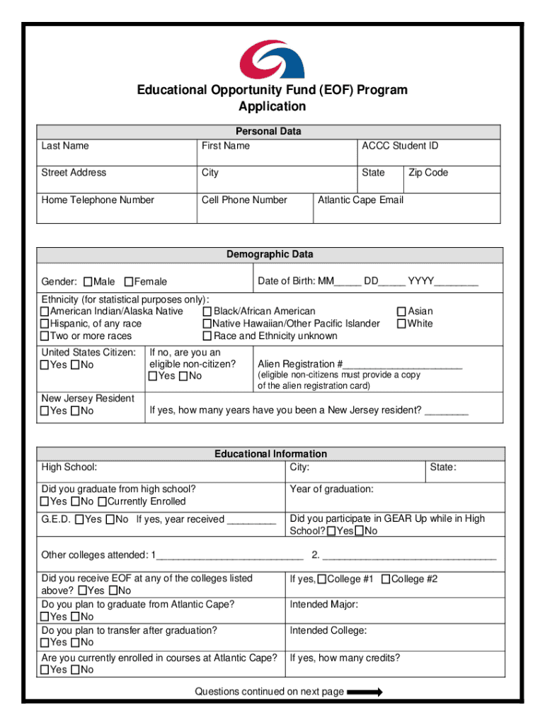 Fillable Online Educational Opportunity Fund (EOF) Program Application ...
