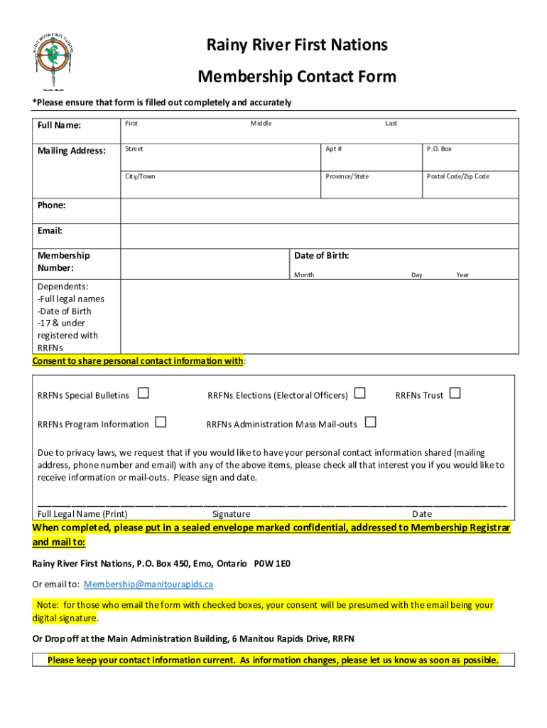 Fillable Online Rainy River First Nations Membership Contact Form Fax ...