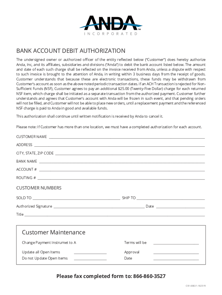 Fillable Online BANK ACCOUNT DEBIT AUTHORIZATION Customer ... Fax Email Print - pdfFiller