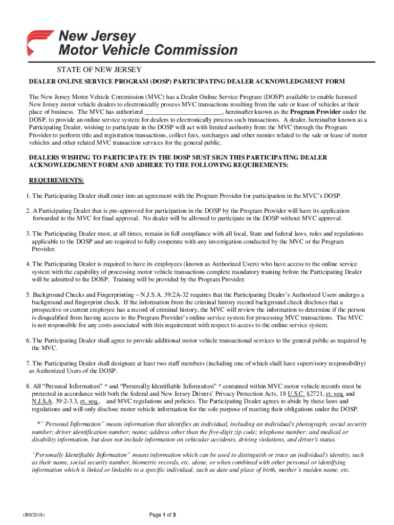 Fillable Online DOSP Participating Dealer Acknowledgment Form Fax Email ...