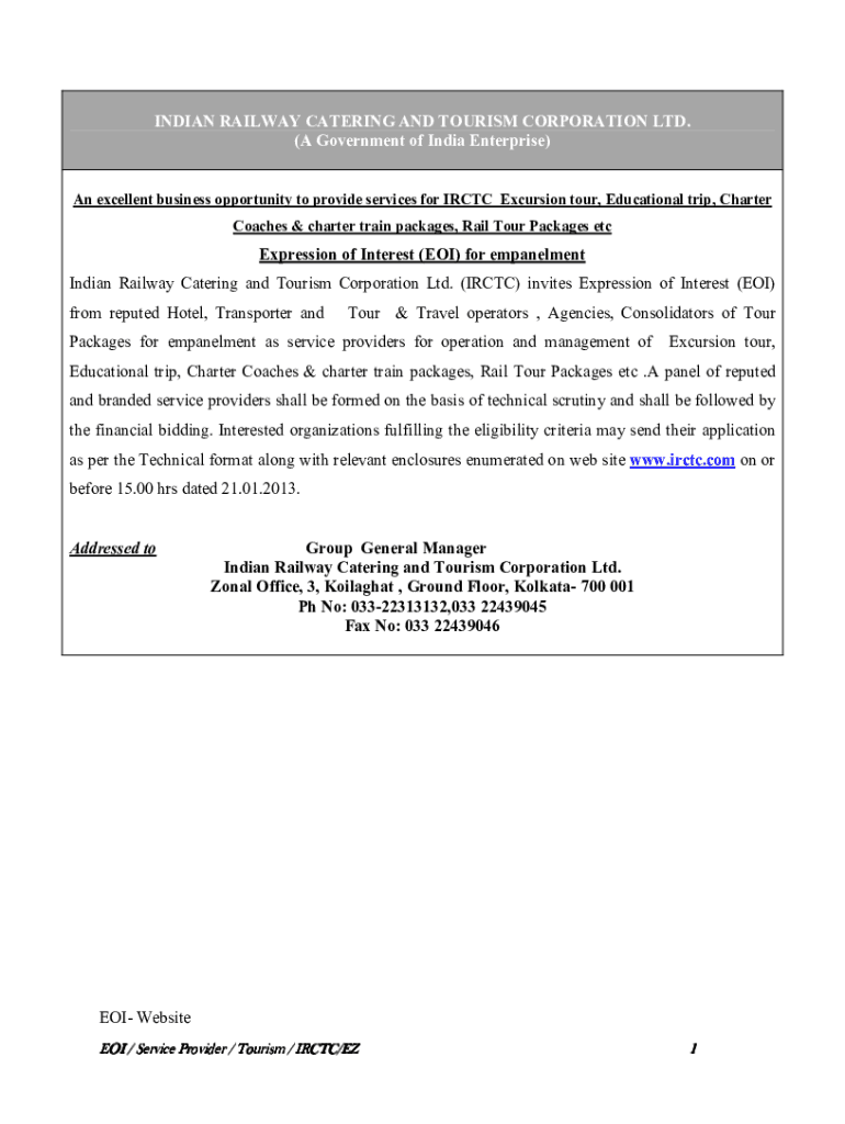 Fillable Online INDIAN RAILWAY CATERING AND TOURISM ... - C-MOTS Fax Email Print - pdfFiller