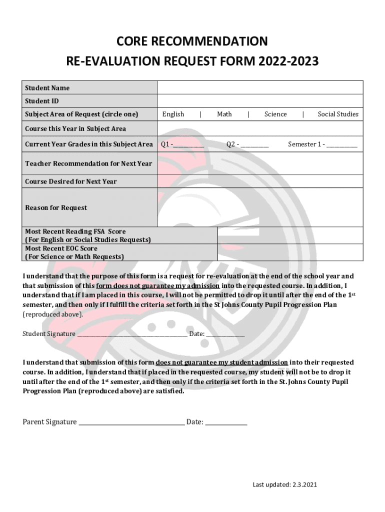 Fillable Online www-chs stjohns k12 fl RE-EVALUATION REQUEST FORM 2022-2023 Fax Email Print ...