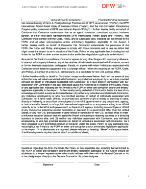 Fillable Online CERTIFICATE OF ANTI-CORRUPTION COMPLIANCE Fax Email ...