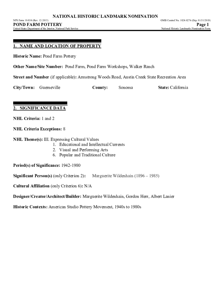 Fillable Online Pond Farm Pottery NHL Nomination. National Historic Landmark Nomination Form Fax ...