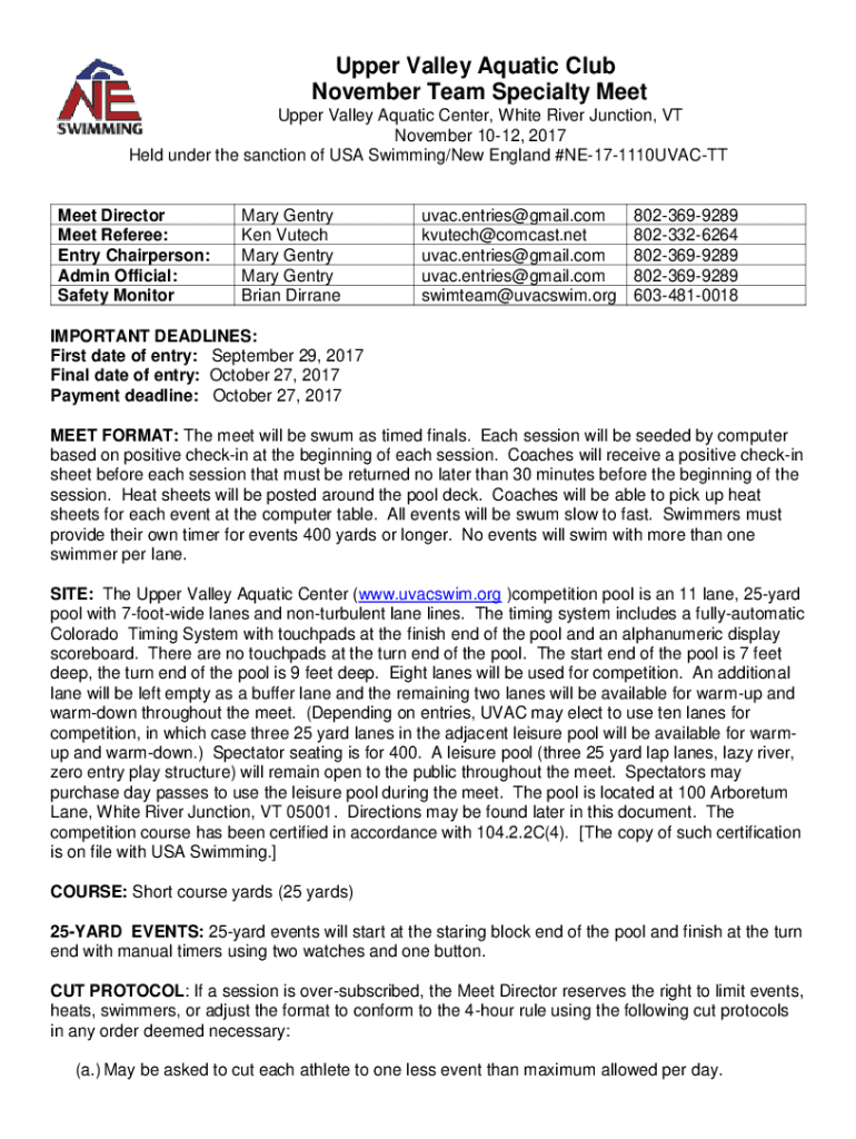 Fillable Online UVAC Swim Team Swim-a-Thon... - Upper Valley Aquatic ...