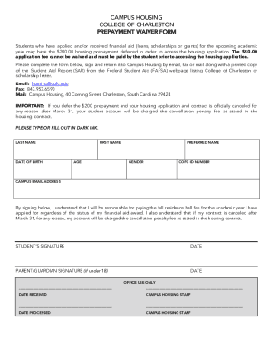 Fillable Online housing cofc campus housing college of charleston ...