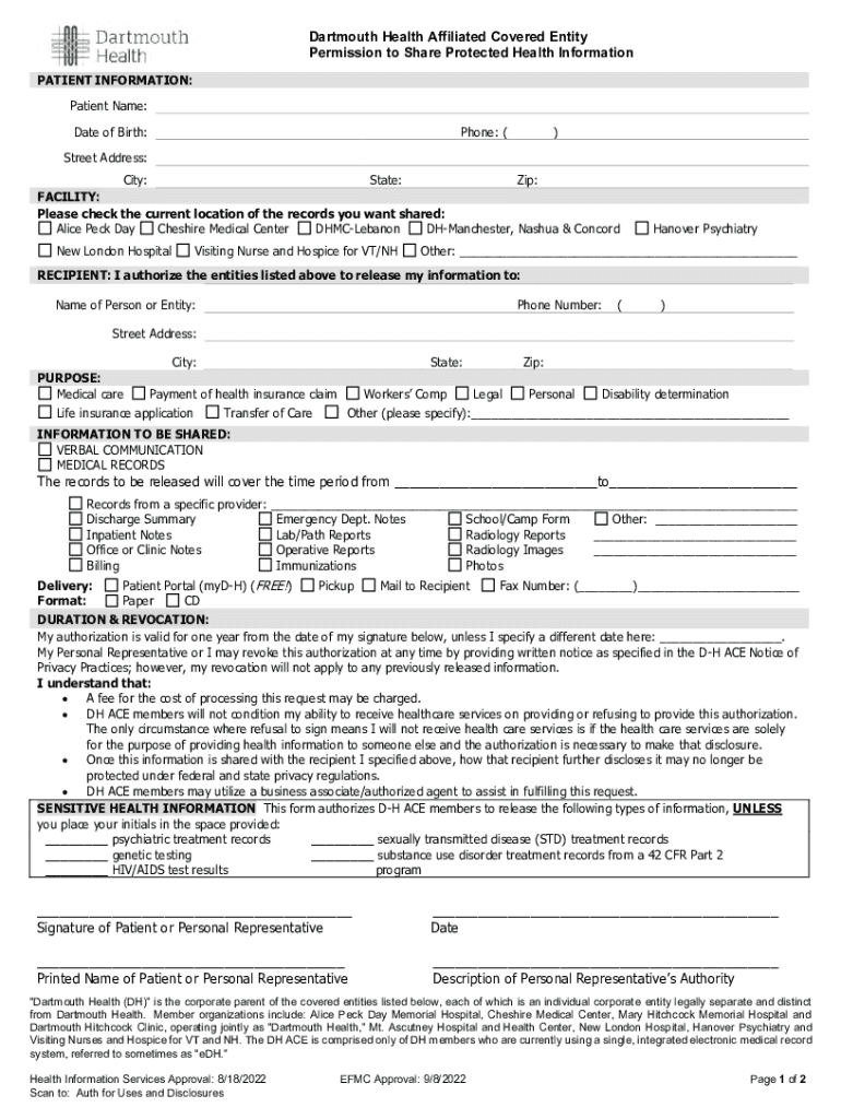 Fillable Online Dartmouth Health Affiliated Covered Entity Permission ...