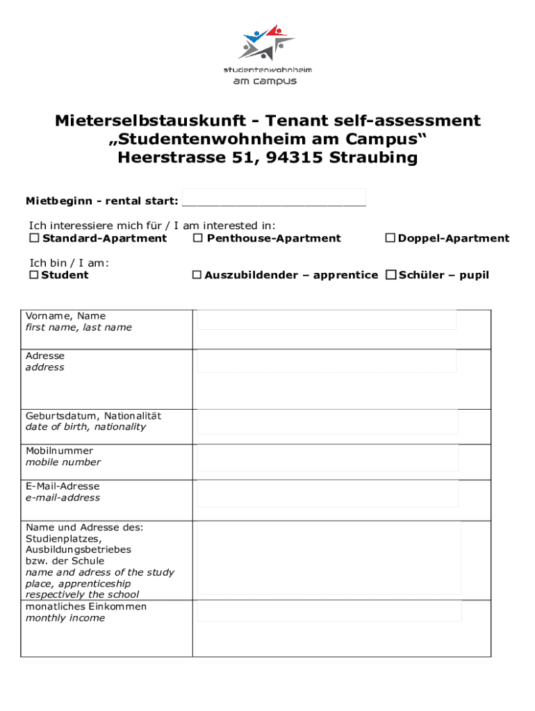 Fillable Online Tenant self-assessment Studentenwohnheim am Campus ...