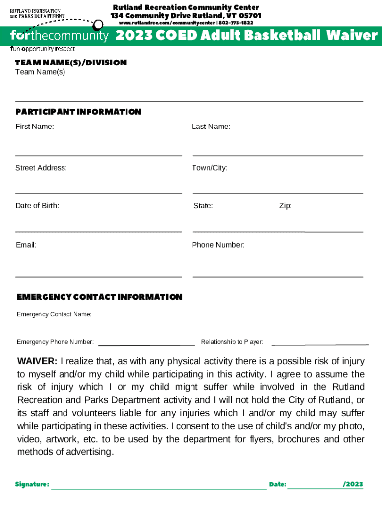 Fillable Online COED Adult Basketball Waiver Form Fax Email Print ...