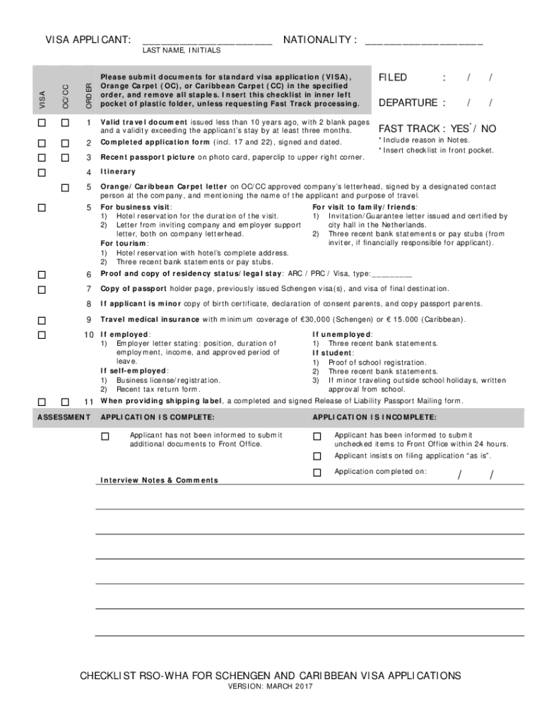 Fillable Online Visa Application Checklist RSO WHA March 2017 Fax Email ...