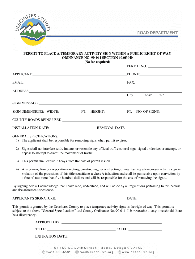 Fillable Online Temp Activity Sign In Public ROW Permit Form2018 Fax ...