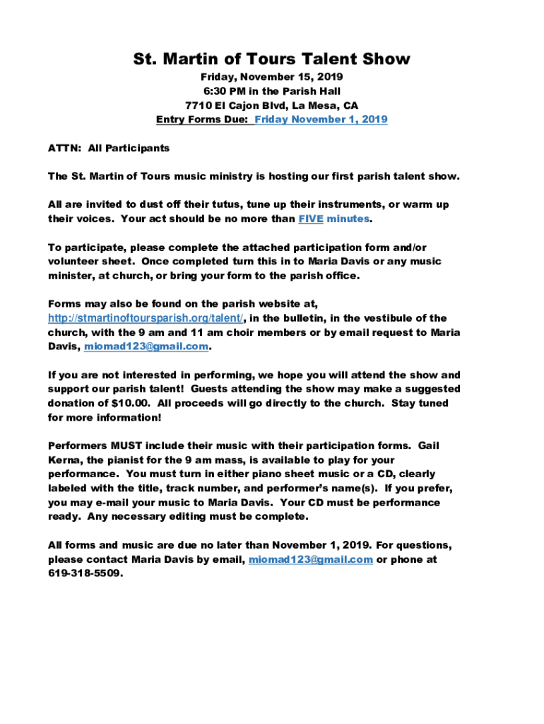Fillable Online Parent and Teacher Talent Show Form - Saint Martin of ...