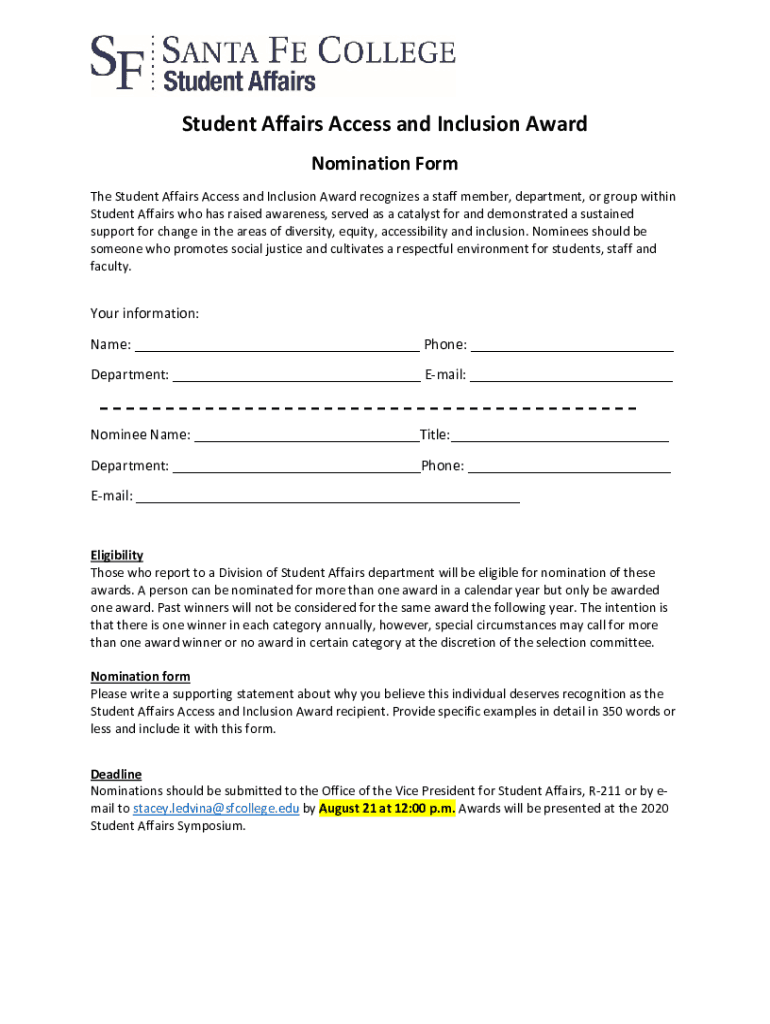 Fillable Online Student Affairs Award Nomination Forms Now Available ...