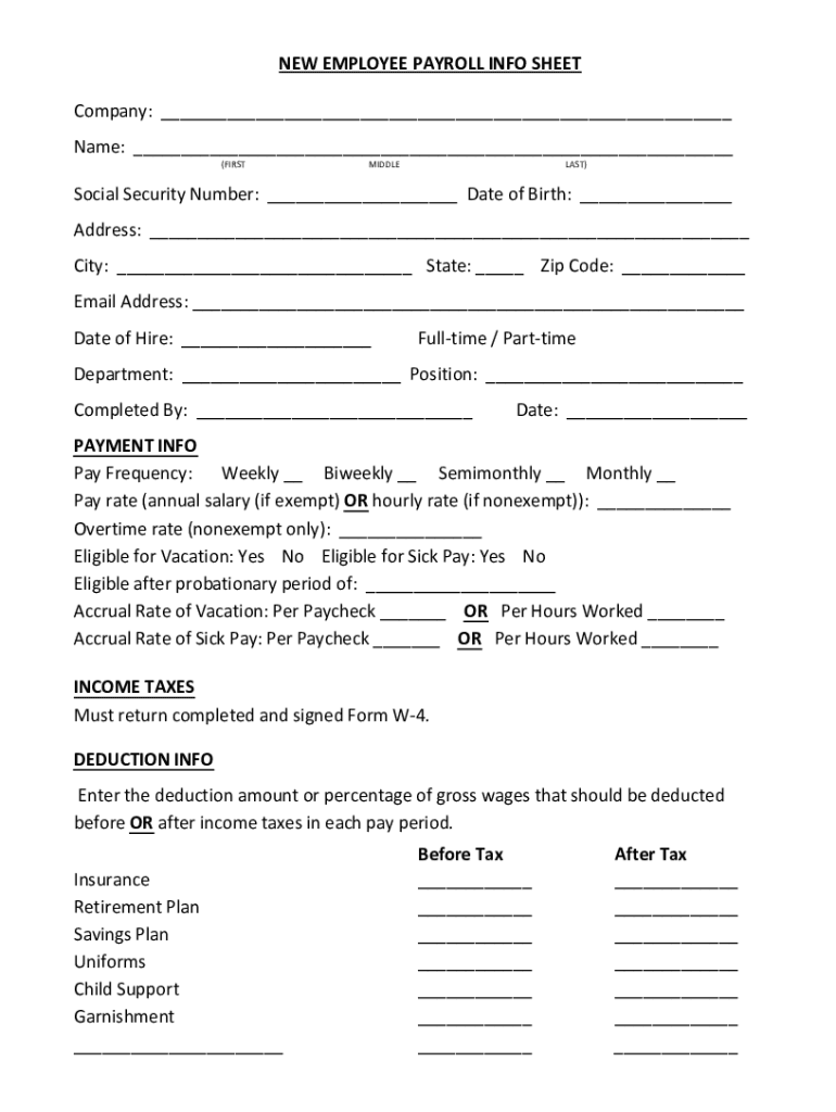 Fillable Online new employee payroll info sheet Fax Email Print - pdfFiller