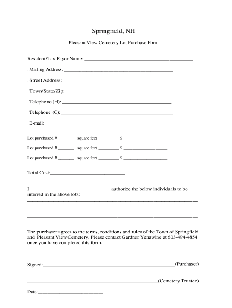 Fillable Online Springfield NH Cemetery Lot Purchase Form Fax Email ...