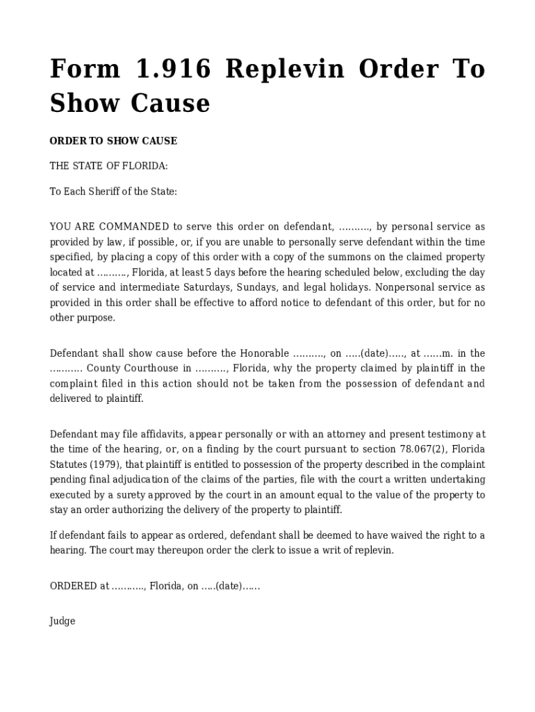 Fillable Online Form 1.916 Replevin Order To Show Cause. Florida Rules ...