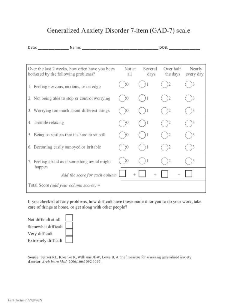 Fillable Online Generalized Anxiety Disorder Scale (GAD-7) Name Fax ...