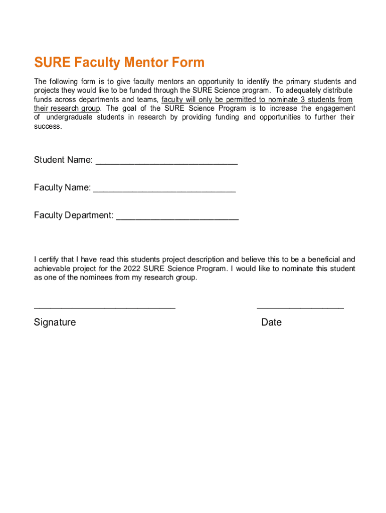 Fillable Online science oregonstate SURE Faculty Mentor Form Fax Email ...