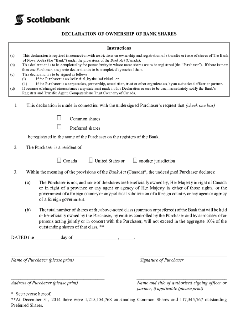 Fillable Online DECLARATION OF OWNERSHIP OF BANK SHARES Instructions 1 ...
