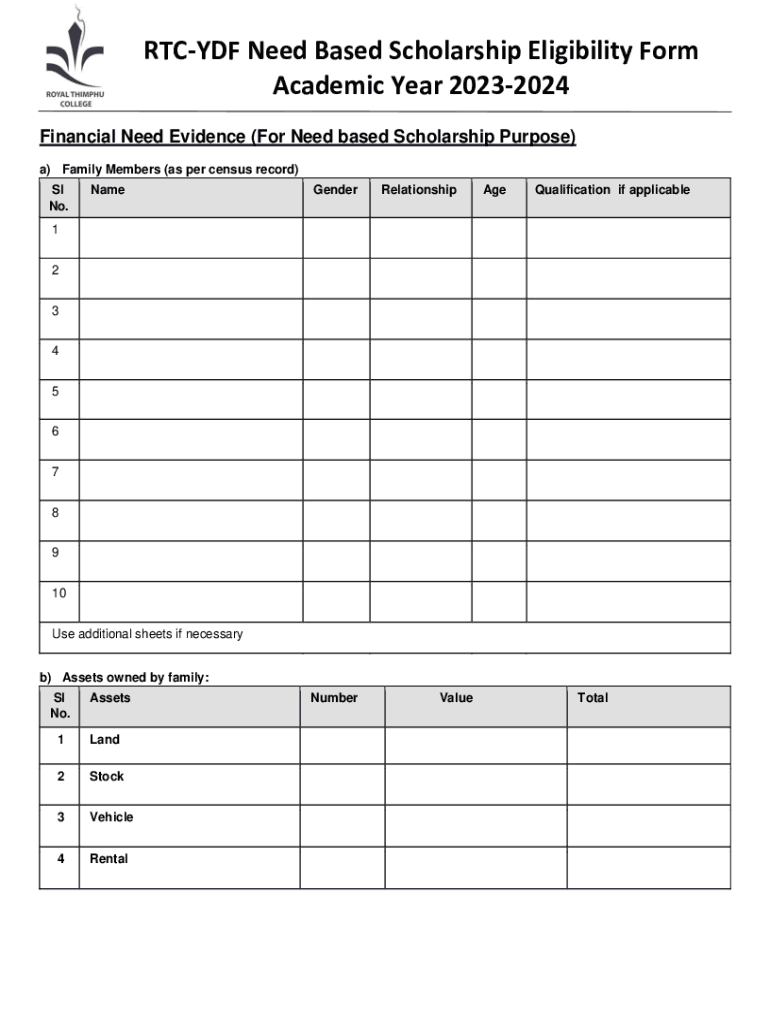 Fillable Online RTC-YDF Need Based Scholarship Eligibility Form ... Fax ...