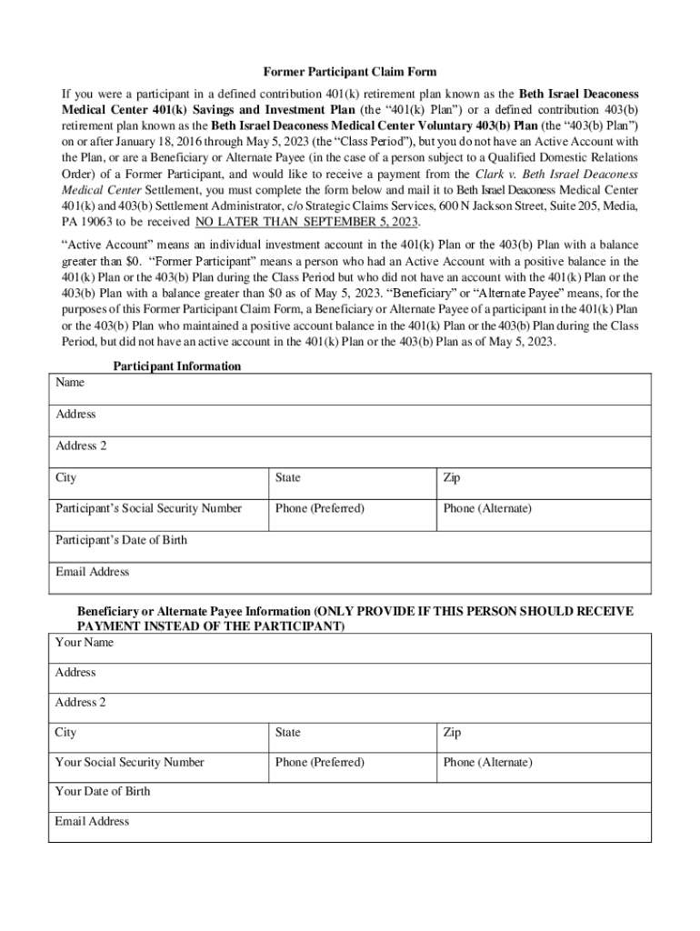 Fillable Online Former Participant Claim Form If you were a participant in a defined ... Fax ...