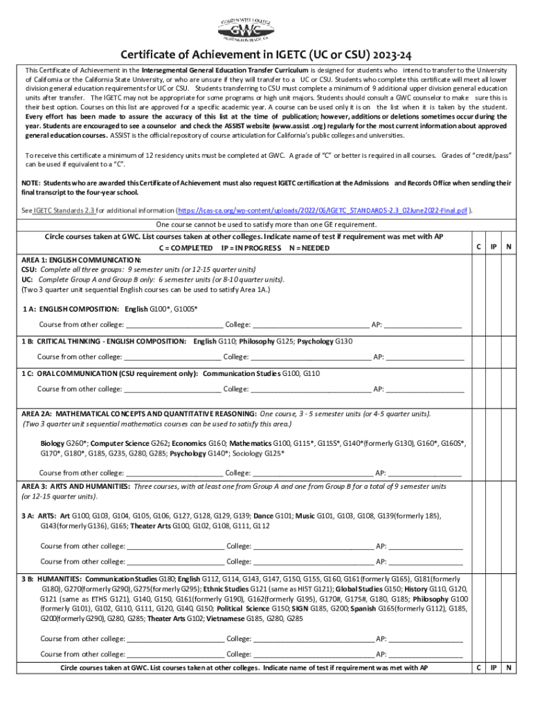 Fillable Online IGETC - Certificate of Achievement ... Fax Email Print ...