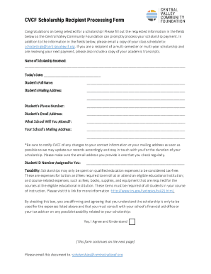 Fillable Online CVCF Scholarship Recipient Processing Form Fax Email ...